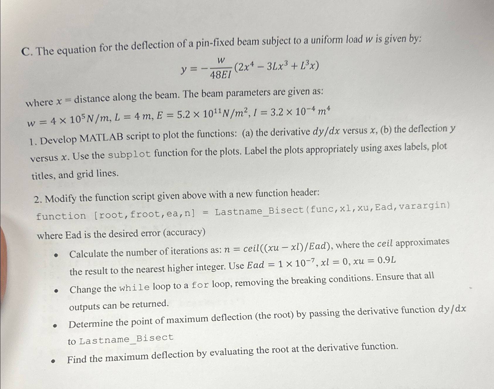 Solved C. ﻿The equation for the deflection of a pin-fixed | Chegg.com