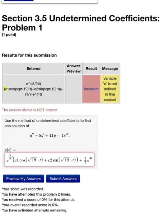 Solved Section 3.5 Undetermined Coefficients: Problem 1 | Chegg.com
