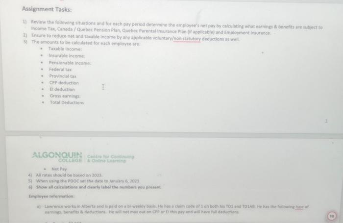 Solved Assignment Tasks: incorne Tax, Canada / Quebec | Chegg.com