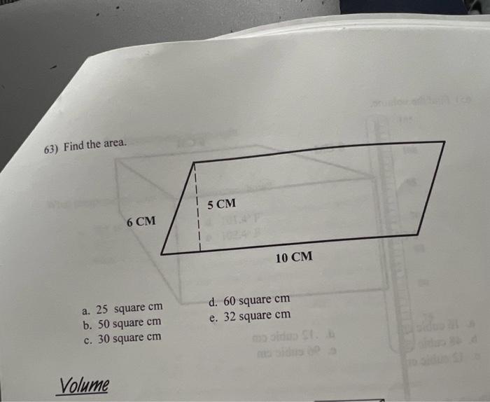 Solved 63) Find the a. 25 square cm d. 60 square cm b. 50 | Chegg.com