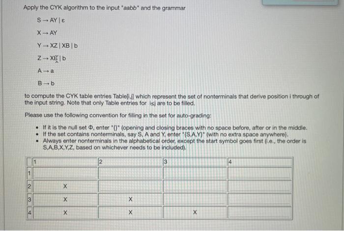 Solved Apply the CYK algorithm to the input "aabb' and the | Chegg.com