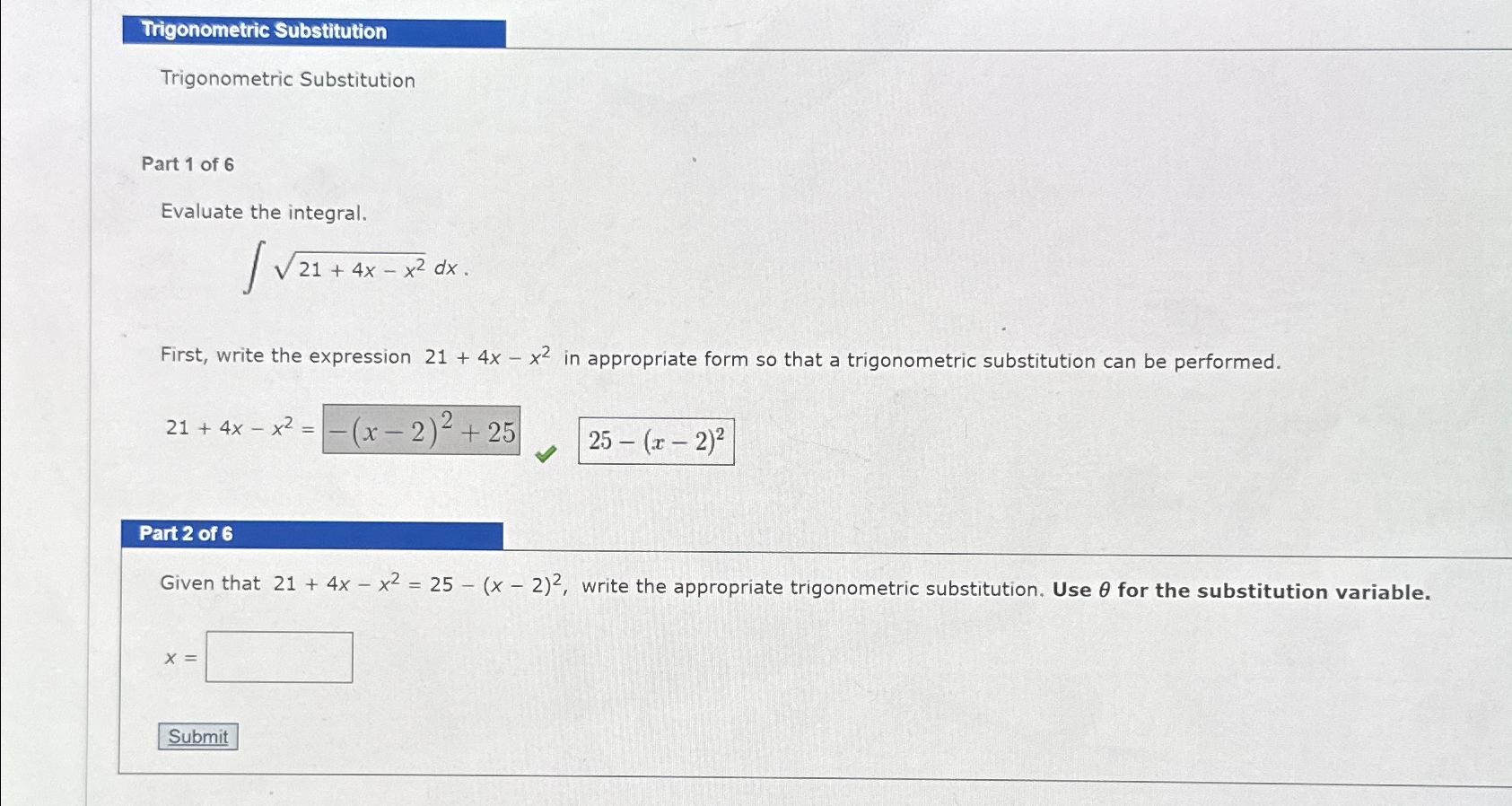 Solved Trigonometric SubstitutionTrigonometric | Chegg.com