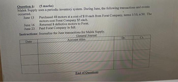 Solved Question 6: (5 marks) Malek Supply uses a periodic | Chegg.com
