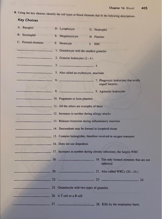 Solved 8. Using the key choices, identify the cell types or | Chegg.com