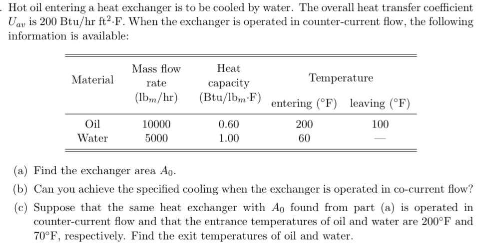 Hot oil entering a heat exchanger is to be cooled by | Chegg.com
