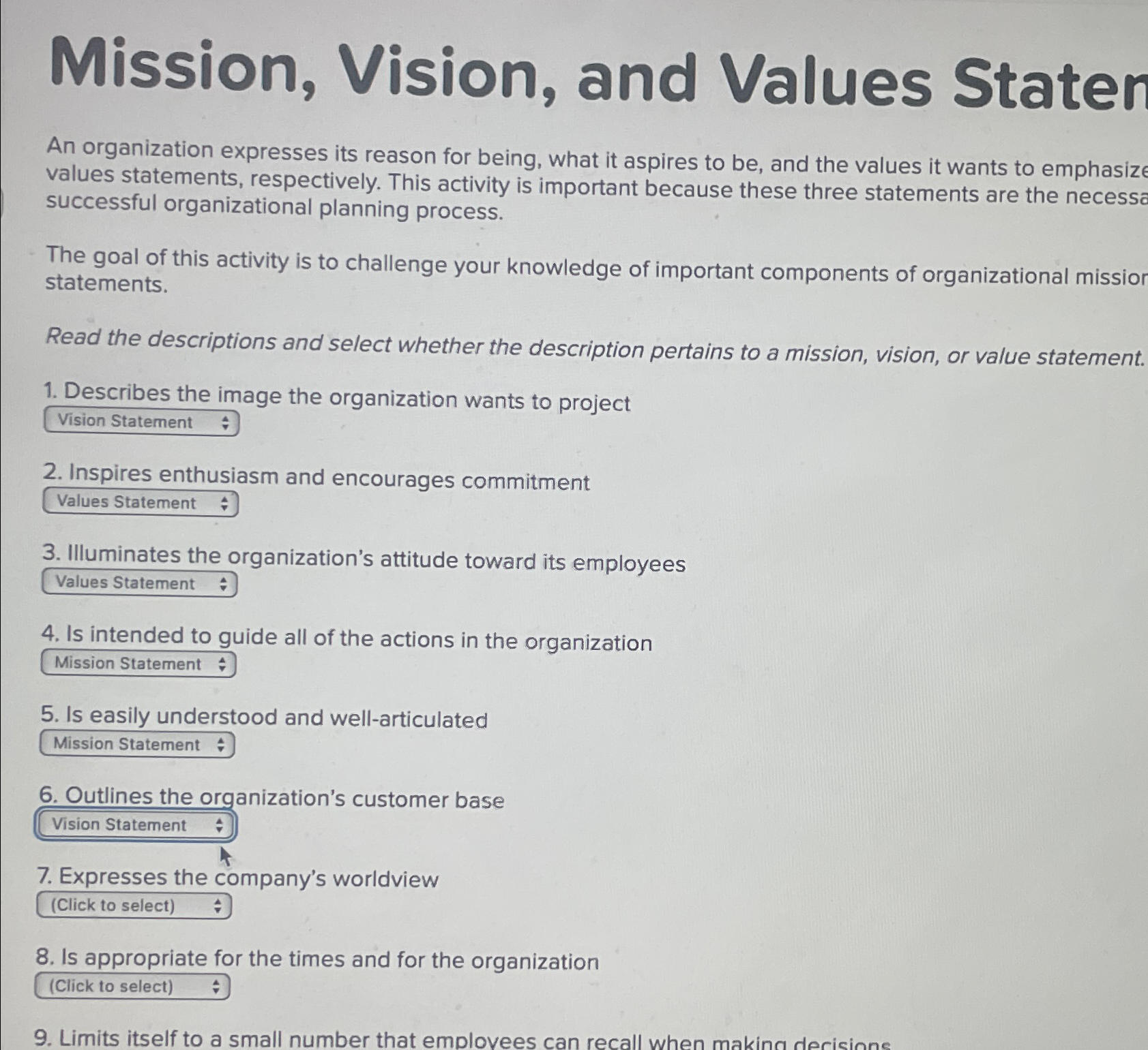 Solved Mission, Vision, and Values StaterAn organization | Chegg.com