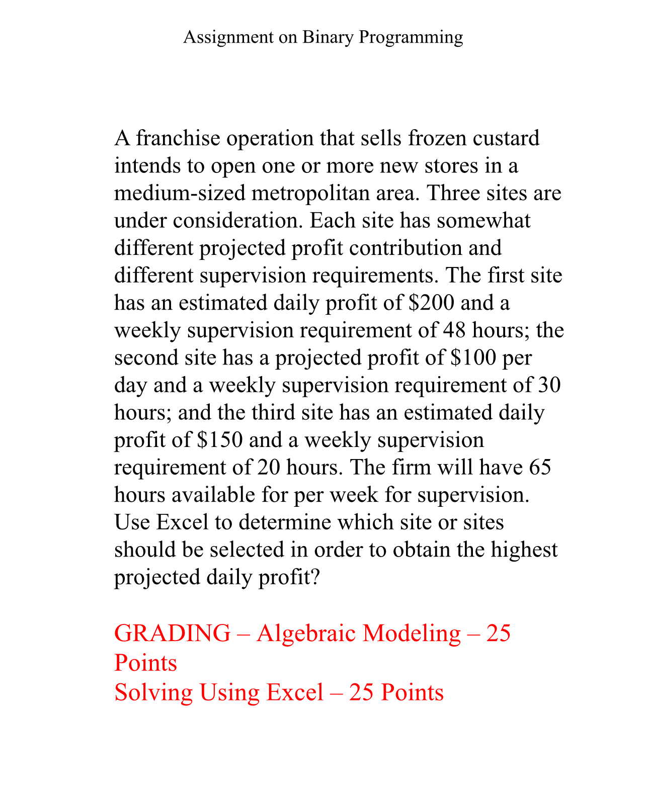 Solved Assignment on Binary ProgrammingA franchise operation | Chegg.com