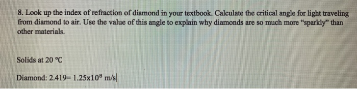 Solved 8. Look up the index of refraction of diamond in your | Chegg.com