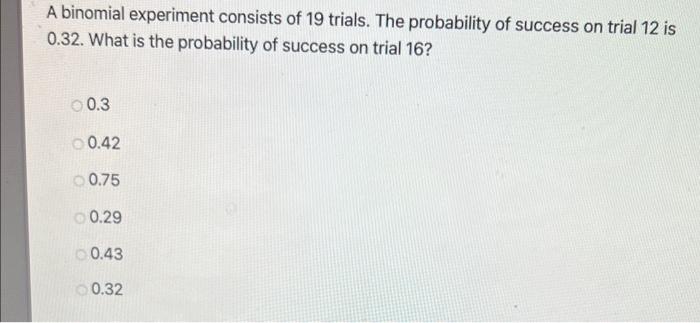 Solved A binomial experiment consists of 19 trials. The | Chegg.com