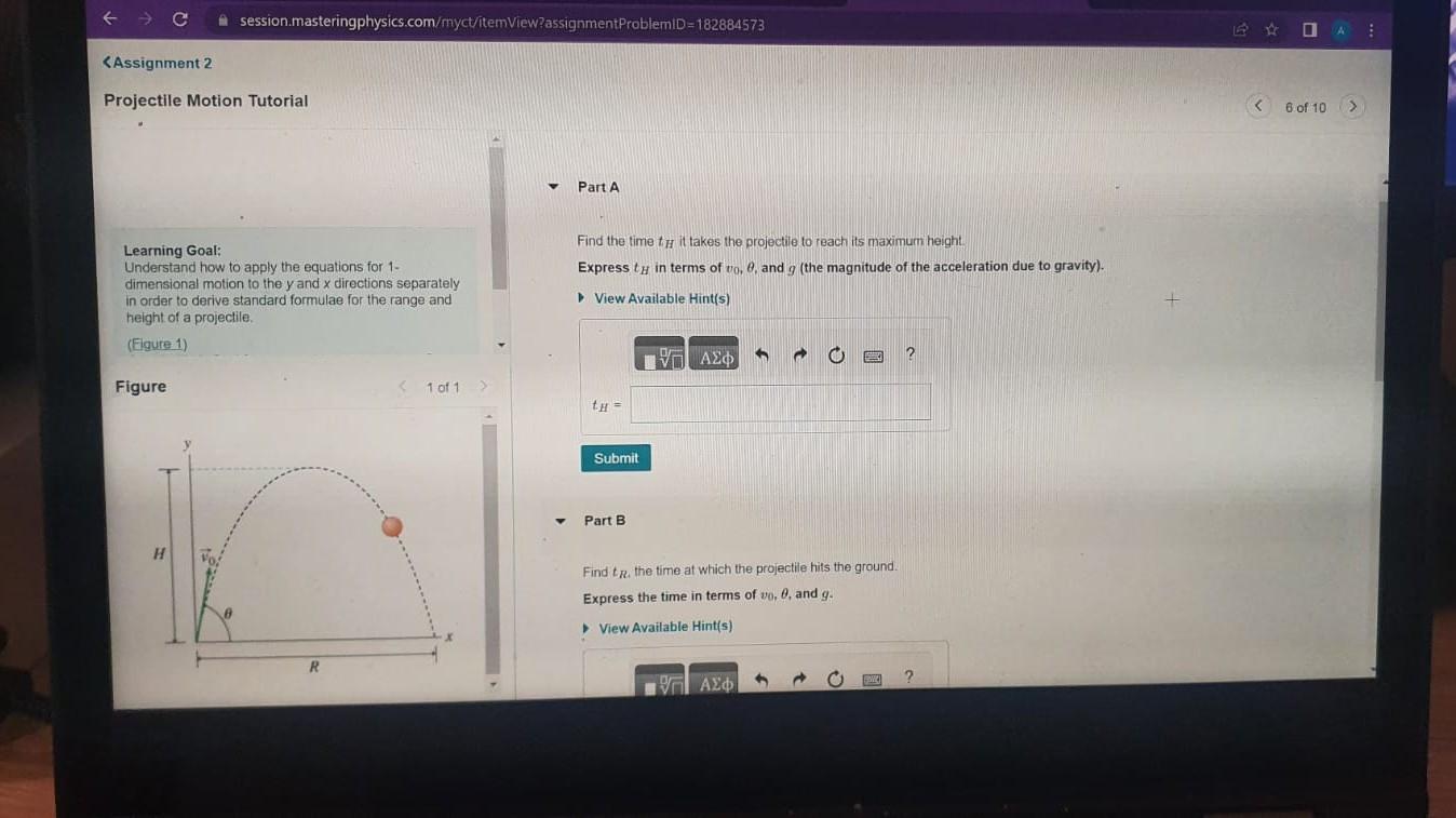 Solved Projectile Motion Tutorial Part A Find the time tH it | Chegg.com