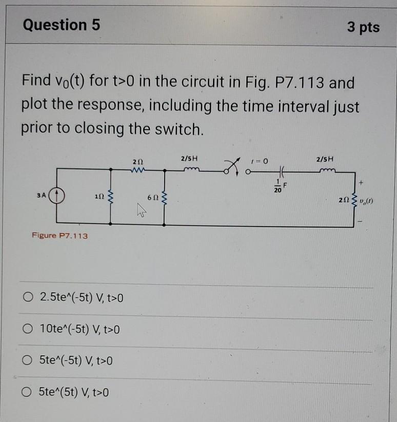 Solved Question 5 3 pts Find vo(t) for t>O in the circuit in | Chegg.com