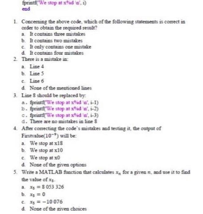 Solved fprintf("We stop at ºd s', 1) ead 1. Concerning the | Chegg.com