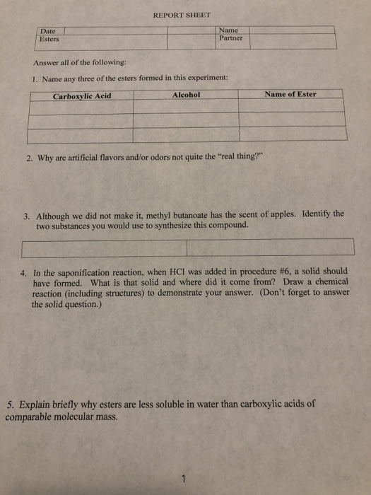 Solved REPORT SHEET Date Esters Name Partner Answer all of | Chegg.com