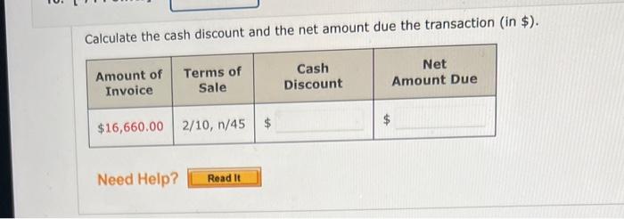 Solved Calculate the cash discount and the net amount due | Chegg.com