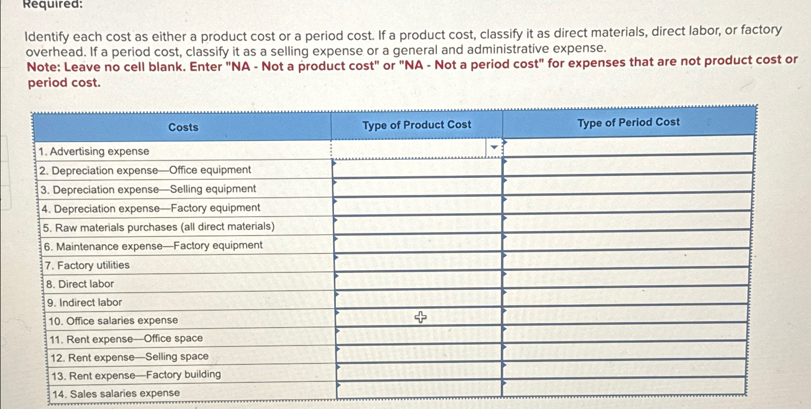 Solved Required:Identify each cost as either a product cost | Chegg.com