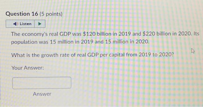 Solved Question 16 (5 points) Listen The economy's real GDP | Chegg.com