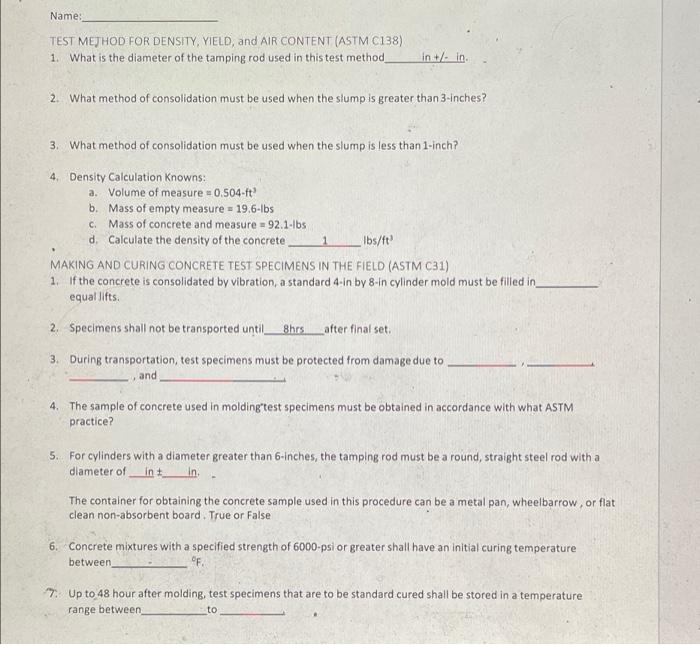 Solved Name: SAMPLING FRESHLY MIXED CONCRETE (ASTM C172) 1. | Chegg.com