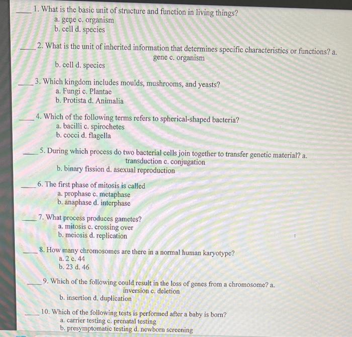 Solved 1. What is the basic unit of structure and function | Chegg.com
