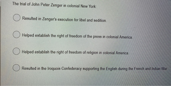 Solved The trial of John Peter Zenger in colonial New York: | Chegg.com