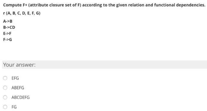 Solved Compute F+ (attribute closure set of F) according to | Chegg.com