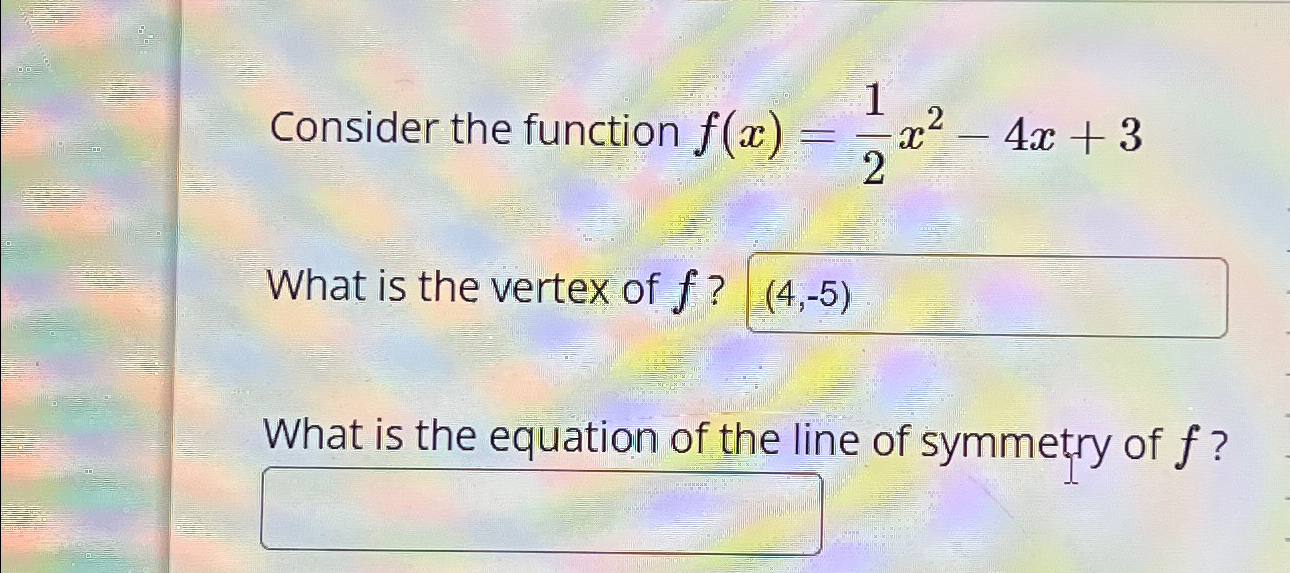 Solved Consider the function f(x)=12x2-4x+3What is the | Chegg.com