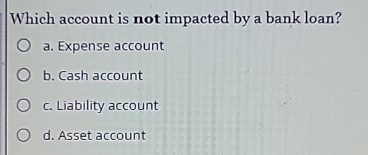 Solved Which account is not impacted by a bank loan?a. | Chegg.com