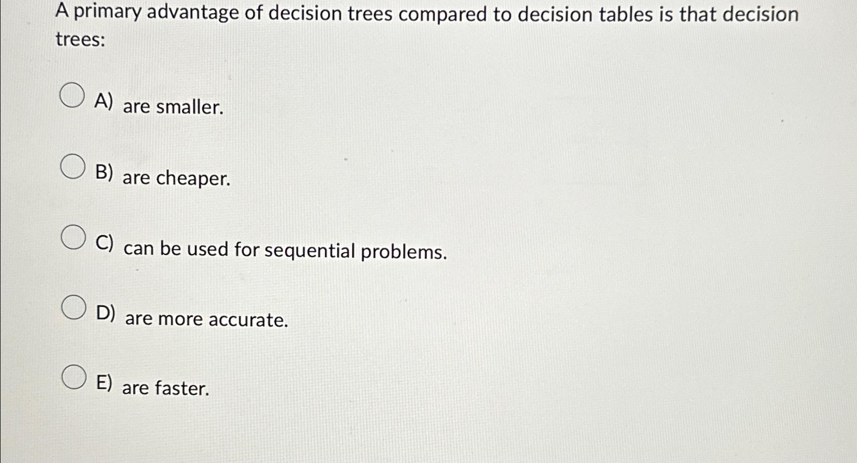 Solved A primary advantage of decision trees compared to | Chegg.com