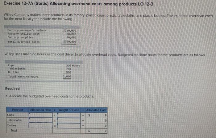 Solved Exercise 12-7A (Static) Allocating overhead costs | Chegg.com