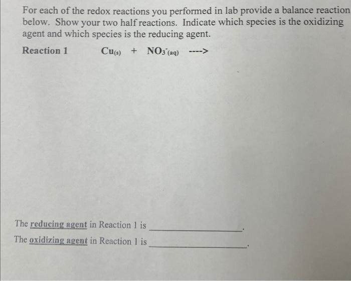 Solved For each of the redox reactions you performed in lab | Chegg.com