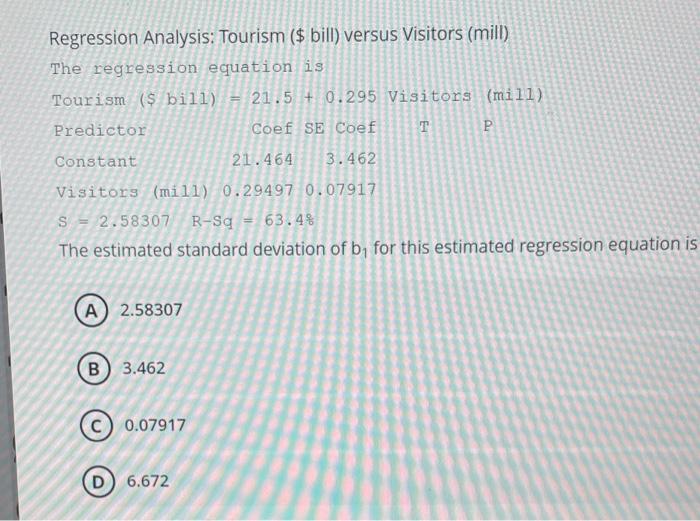 Solved Regression Analysis: Tourism (\$ bill) versus | Chegg.com