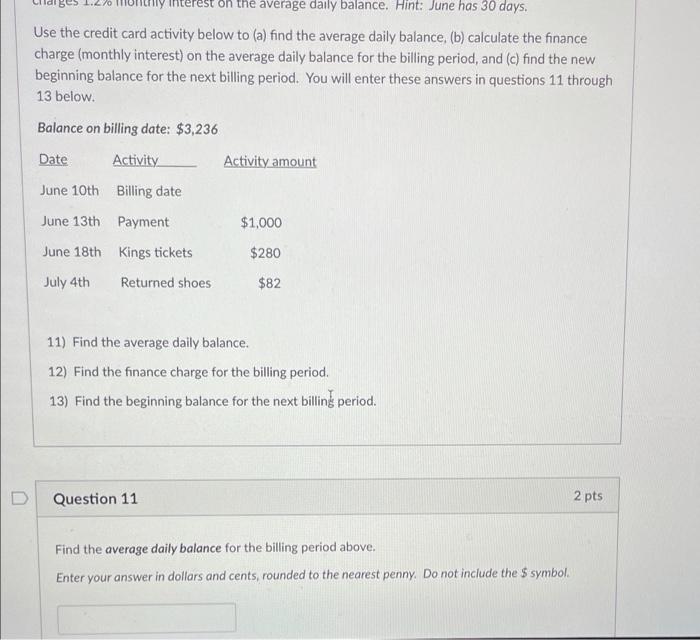 Solved Use the credit card activity below to (a) find the | Chegg.com
