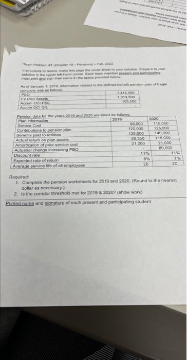 Required: 1. Complete the pension worksheets for 2019 | Chegg.com