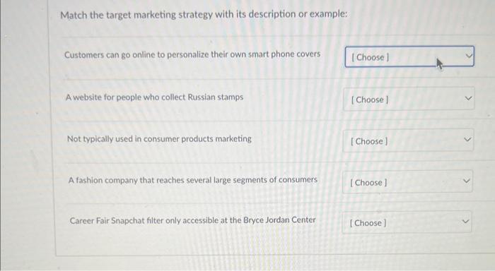 Solved Match the target marketing strategy with its | Chegg.com