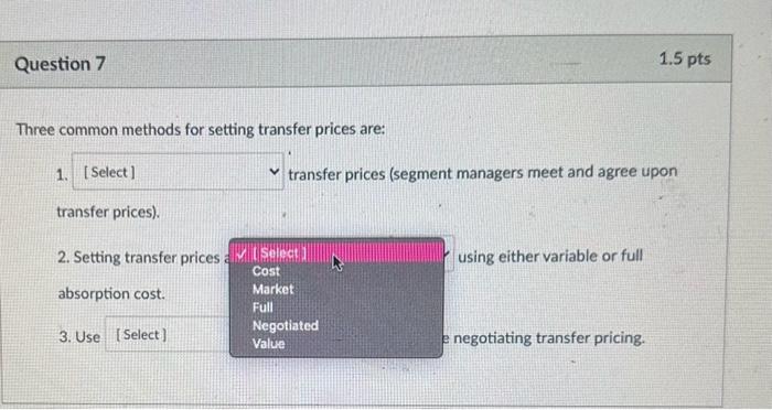 Solved Three common methods for setting transfer prices are: | Chegg.com