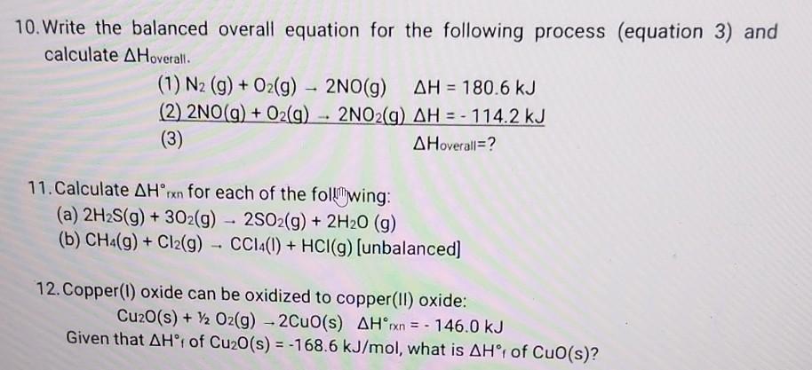 Solved 10. Write the balanced overall equation for the | Chegg.com