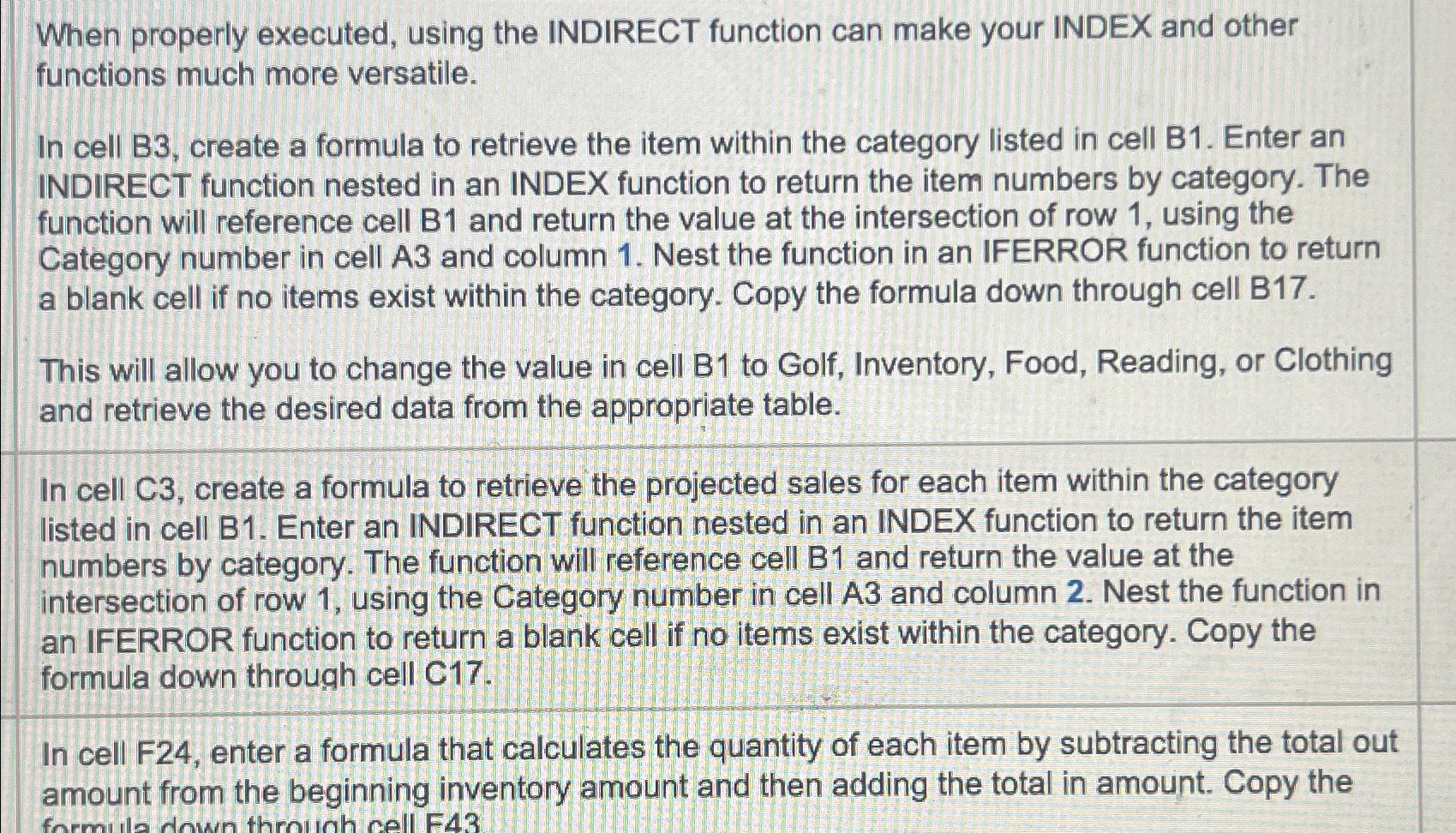 Solved When properly executed, using the INDIRECT function | Chegg.com