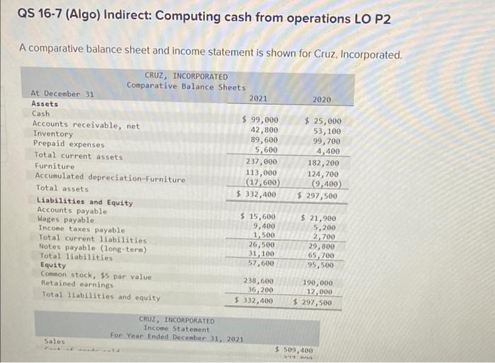 Solved QS 16-7 (Algo) Indirect: Computing cash from | Chegg.com