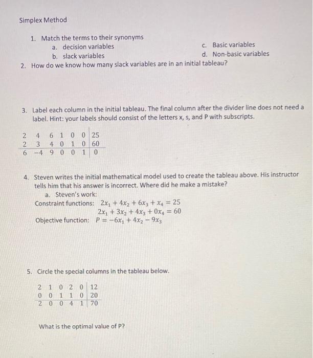 Solved Simplex Method 1. Match the terms to their synonyms | Chegg.com