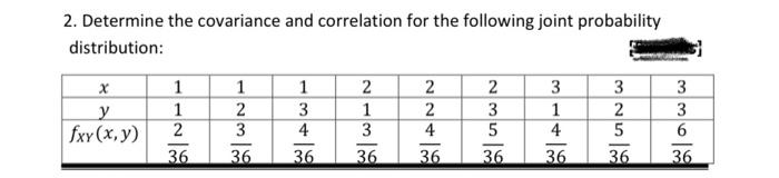 Solved 2. Determine the covariance and correlation for the | Chegg.com