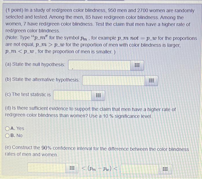 Solved (1 point) In a study of red/green color blindness, | Chegg.com