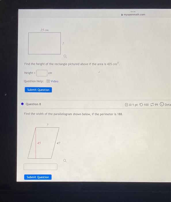 Solved myopenmath.com 25 cm Find the height of the rectangle | Chegg.com