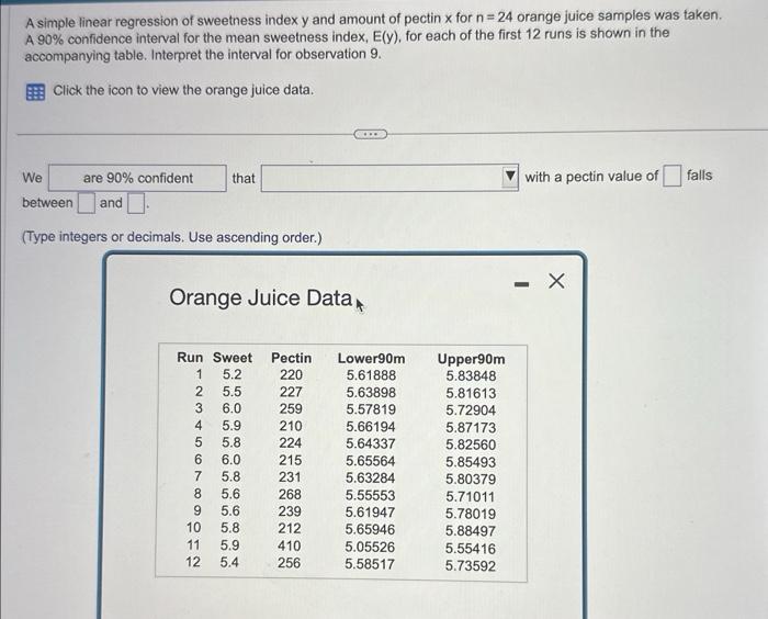Solved A simple linear regression of sweetness index y and | Chegg.com