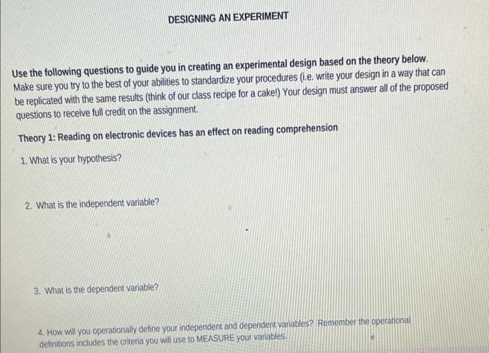 Solved DESIGNING AN EXPERIMENT Use the following questions | Chegg.com