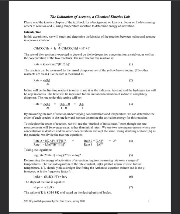 Solved The lodination of Acetone, a Chemical Kinetics Lab | Chegg.com