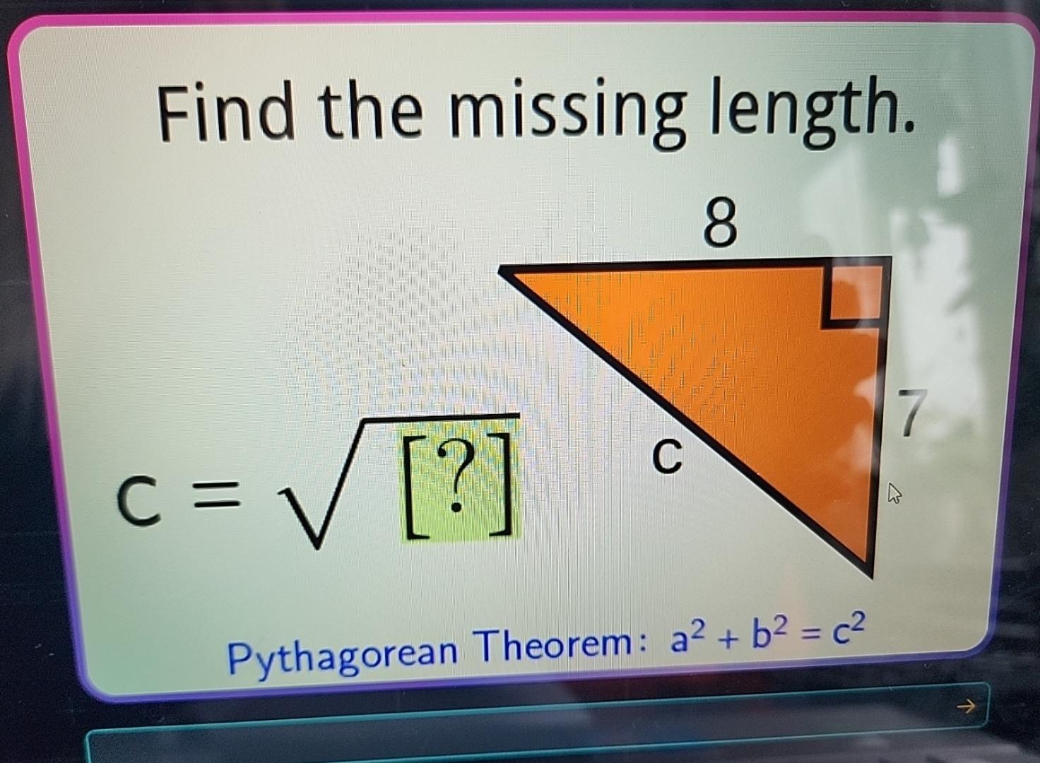 Solved Find the missing length.c=[?]2Pythagorean Theorem: | Chegg.com
