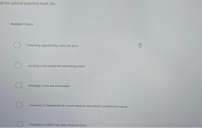 Solved At the optimal inventory level, the: Multiple Choice | Chegg.com