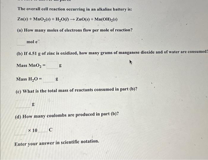 Solved The overall cell reaction occurring in an alkaline | Chegg.com