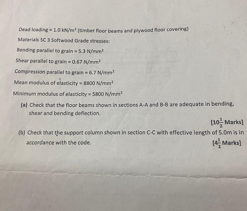 Solved Dead loading =1.0kN/m2 (timber floor beams and | Chegg.com
