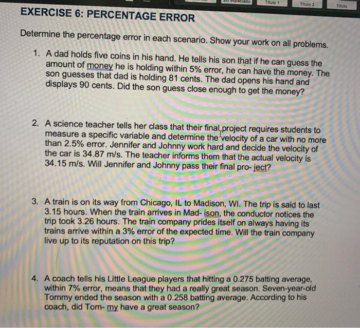 Solved clado Titulo 1 Titulo 2 Titulo EXERCISE 6: PERCENTAGE | Chegg.com