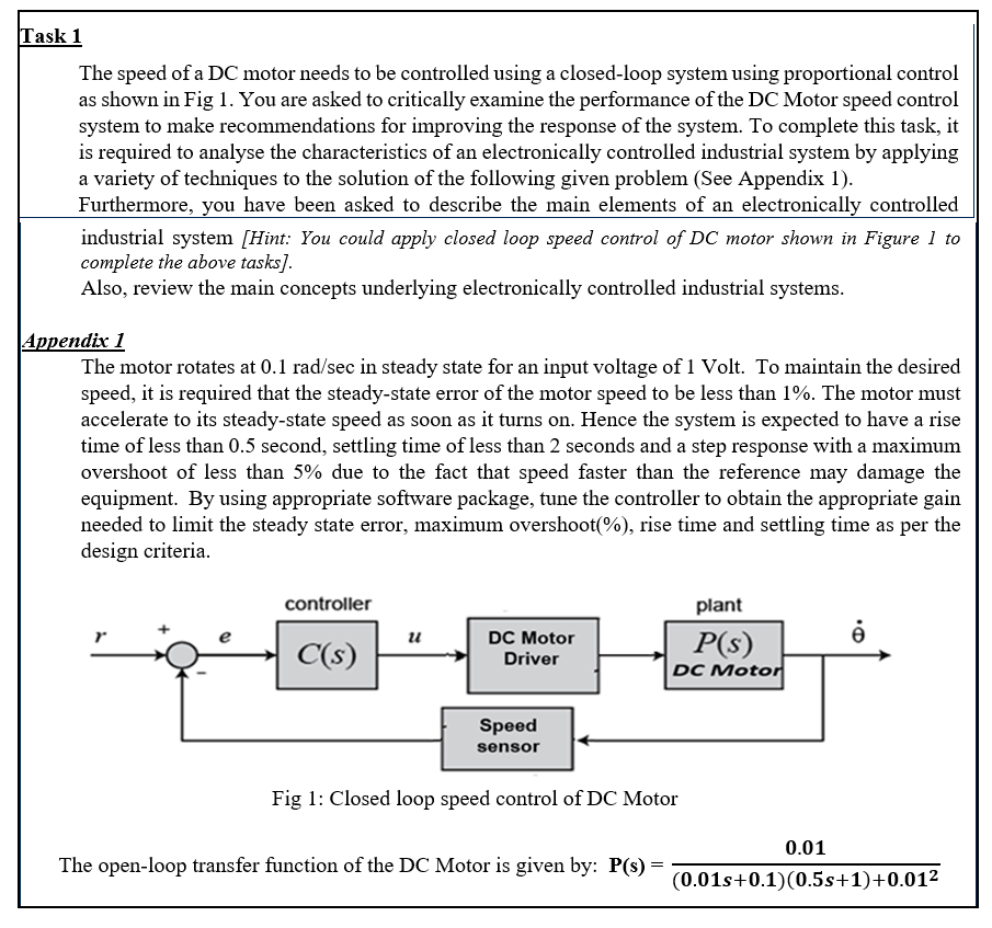 Solved Task 1 The speed of a DC motor needs to be controlled | Chegg.com